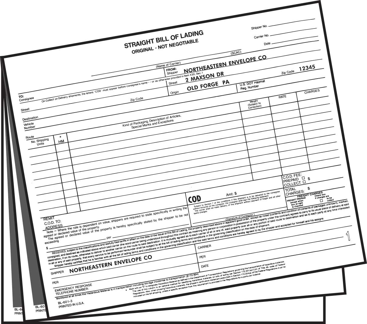 Northeastern Envelope Company - 7-5/8 X 8-1/2 - Bill of Lading - 3 Part